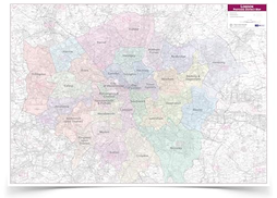 London Postcode District with Authority Boroughs Wall Map within M25 ...